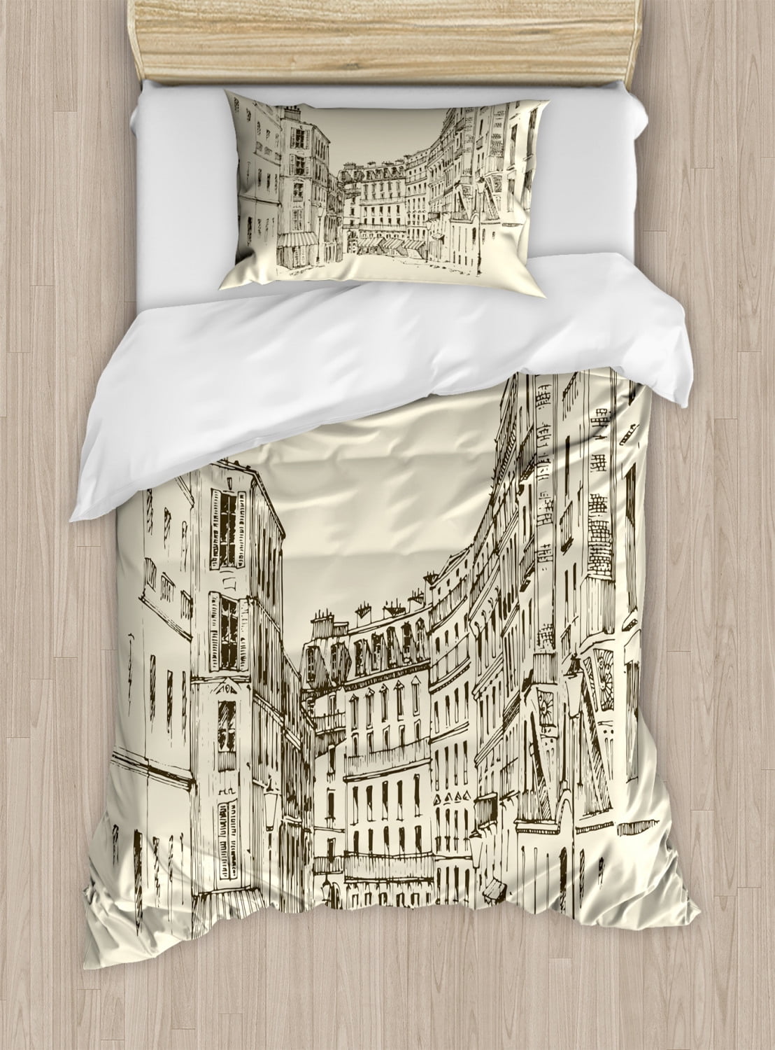 Paris Duvet Cover Set Twin Size, Hand Drawn Buildings of France ...