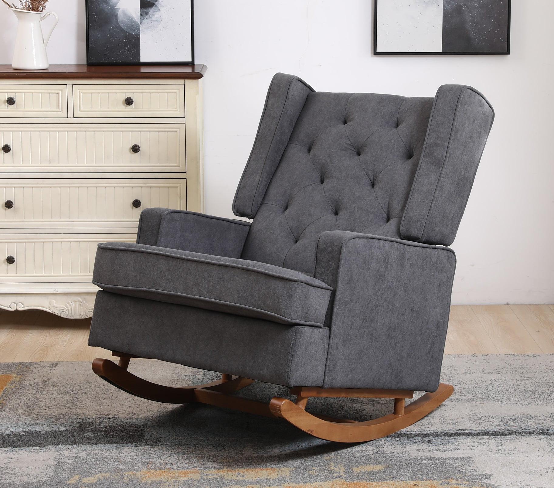 Fabric Rocking Chair with Side Pocket Mid-Century Modern Nursery ...