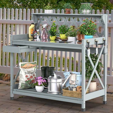 Auranook Outdoor Potting Bench Table, Solid Wood Potting Table with ...