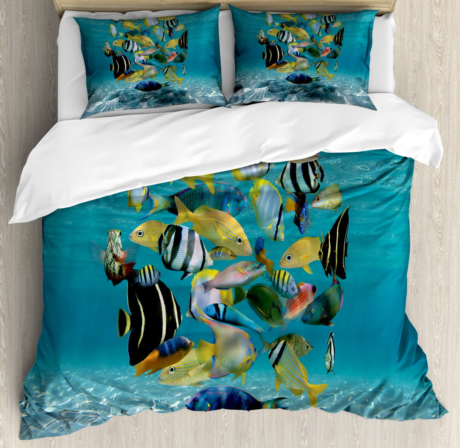 Fish Queen Size Duvet Cover Set, Shoal of Fish Forming a Circle above a ...
