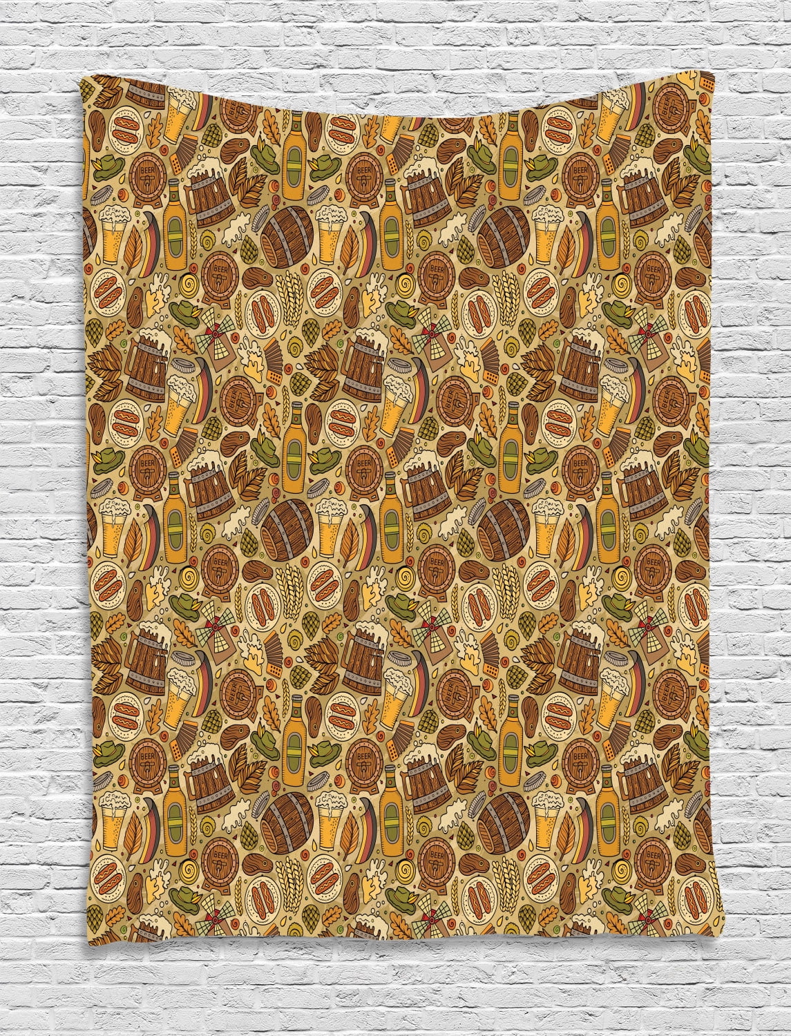 Alcohol Tapestry, Hand-Drawn Cartoon Oktoberfest Elements with Beer ...