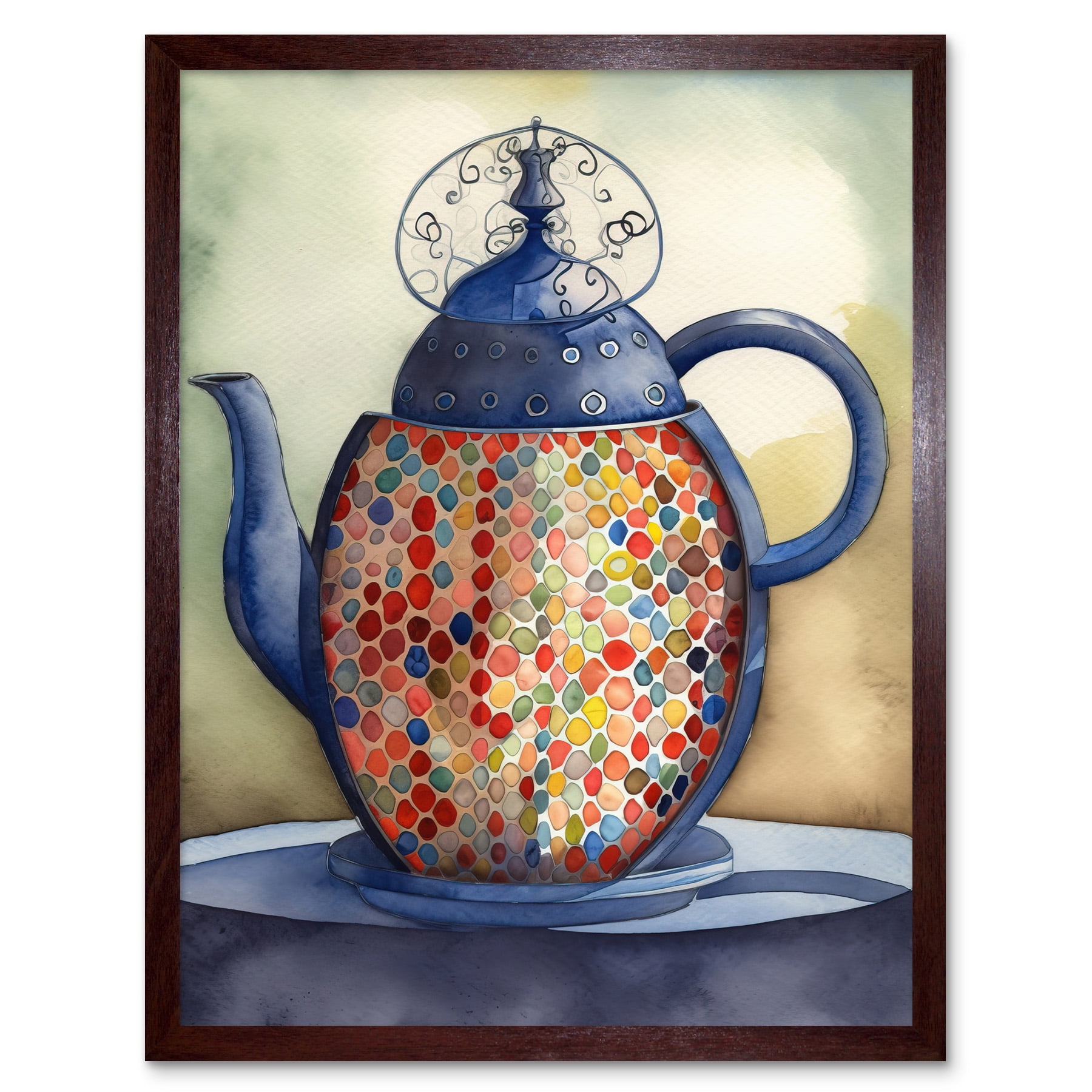 Enamelled Teapot Colourful Tea Kettle Folk Art Watercolour Painting Art ...