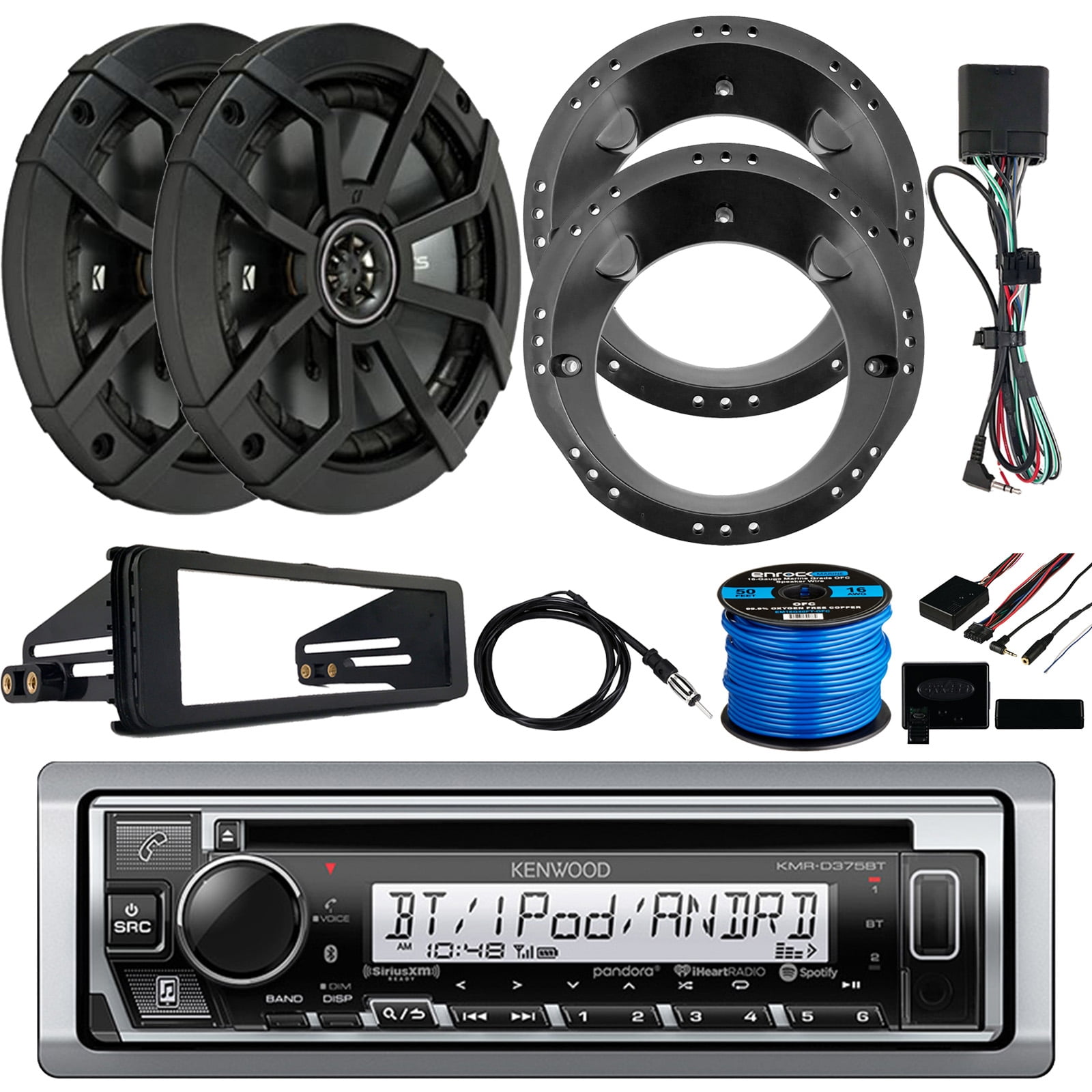 Kenwood KMR-D375BT In-Dash Single-DIN Bluetooth CD Receiver, 2 x Kicker ...