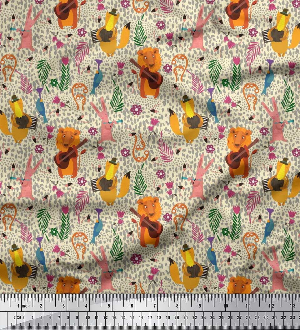 Soimoi Japan Crepe Satin Fabric Floral,Musical Instruments & Animals ...
