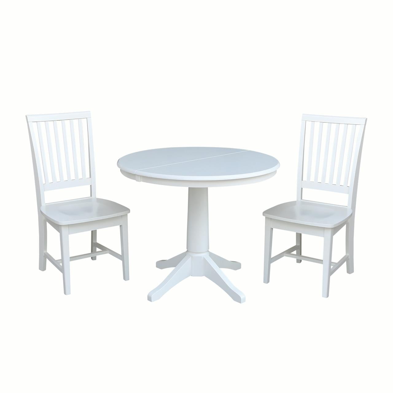 36" Round Dining Table with 12" Leaf and 2 Mission Chairs – White - 3 ...