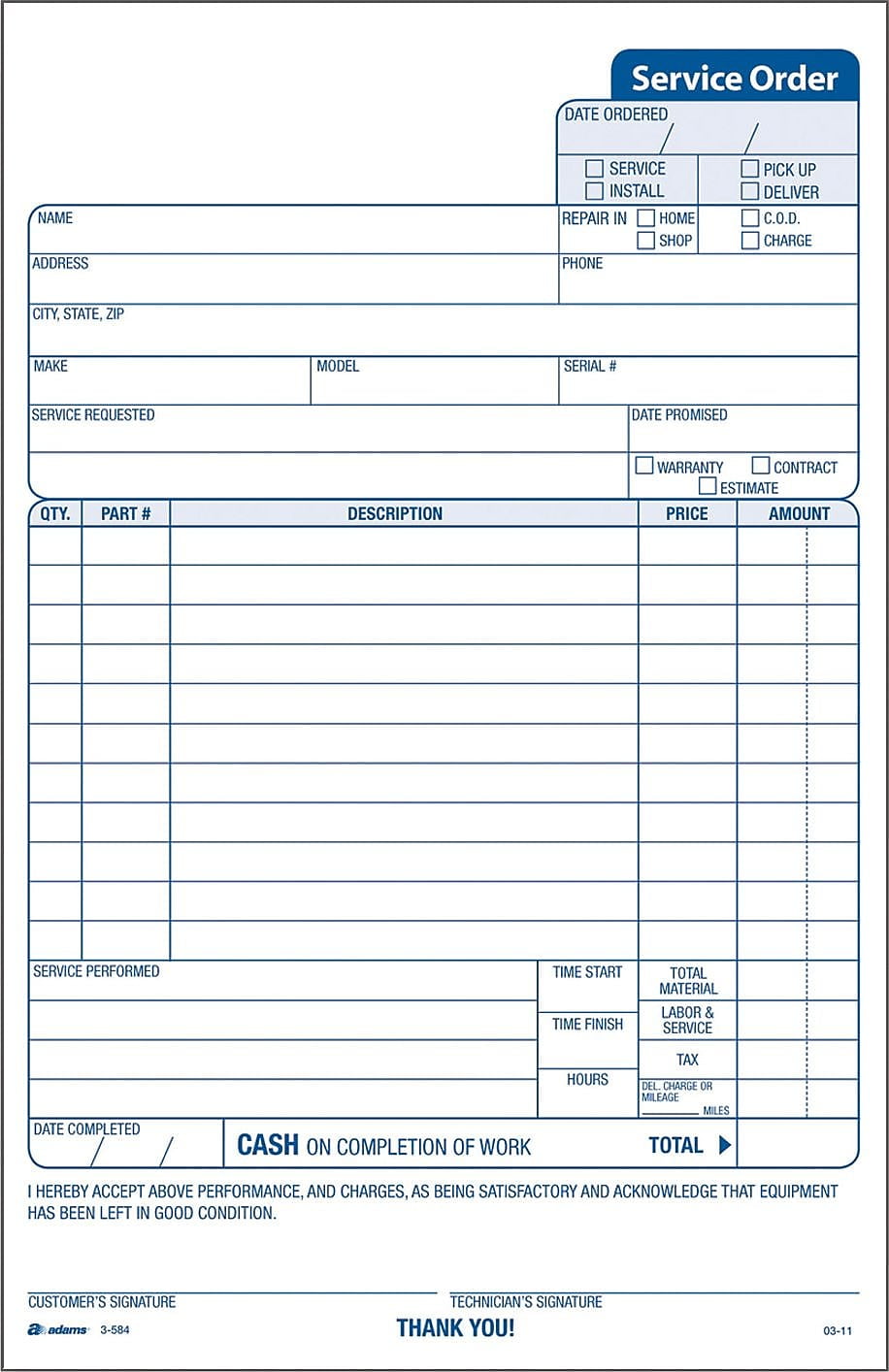 Adams Service Order Forms 250/Pack 5-1/2 x 9 3-584 - Walmart.com ...