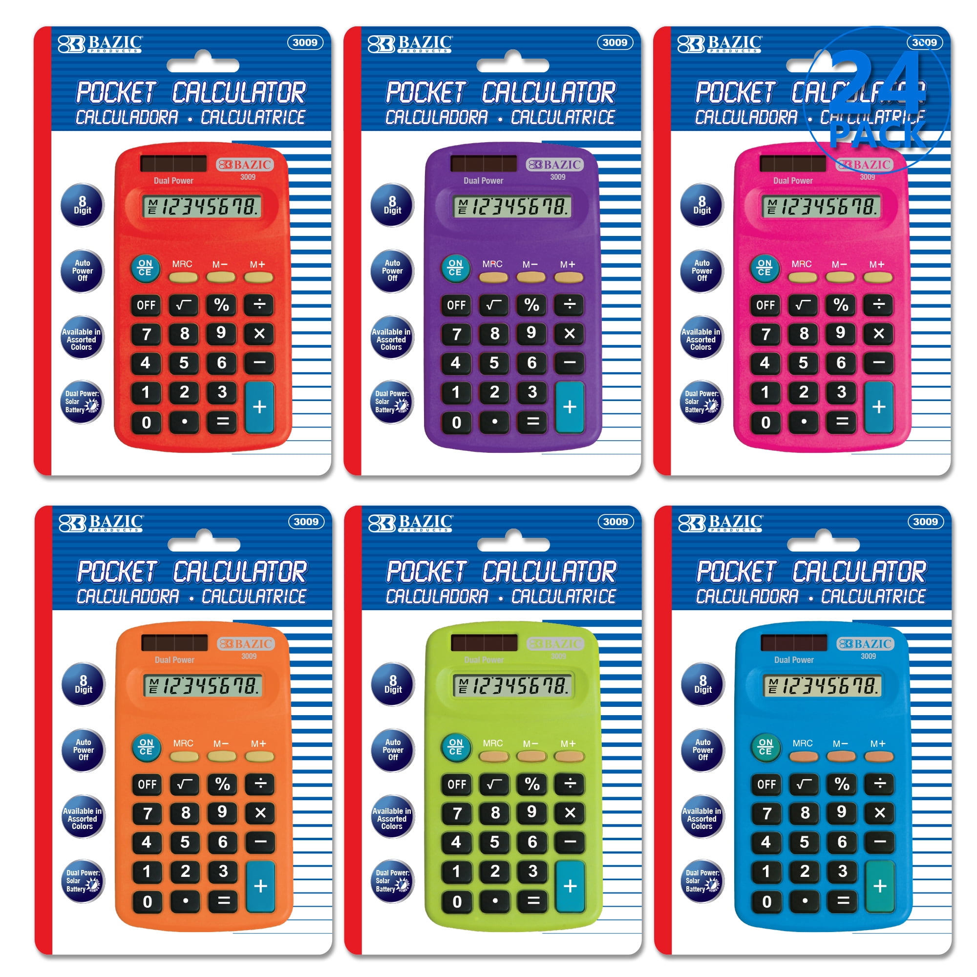 BAZIC 8-Digit Dual Power Calculator Pocket Size, Solar Powered ...
