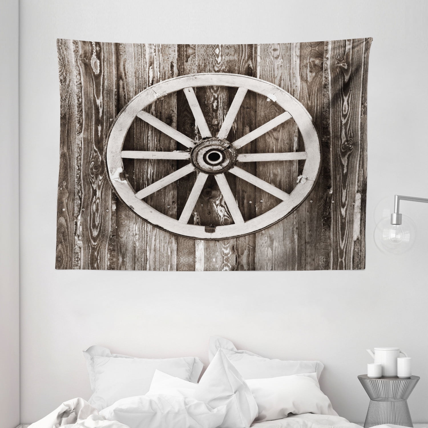 Barn Wood Wagon Wheel Tapestry, Retro Wheel on Timber Wall Barn House ...