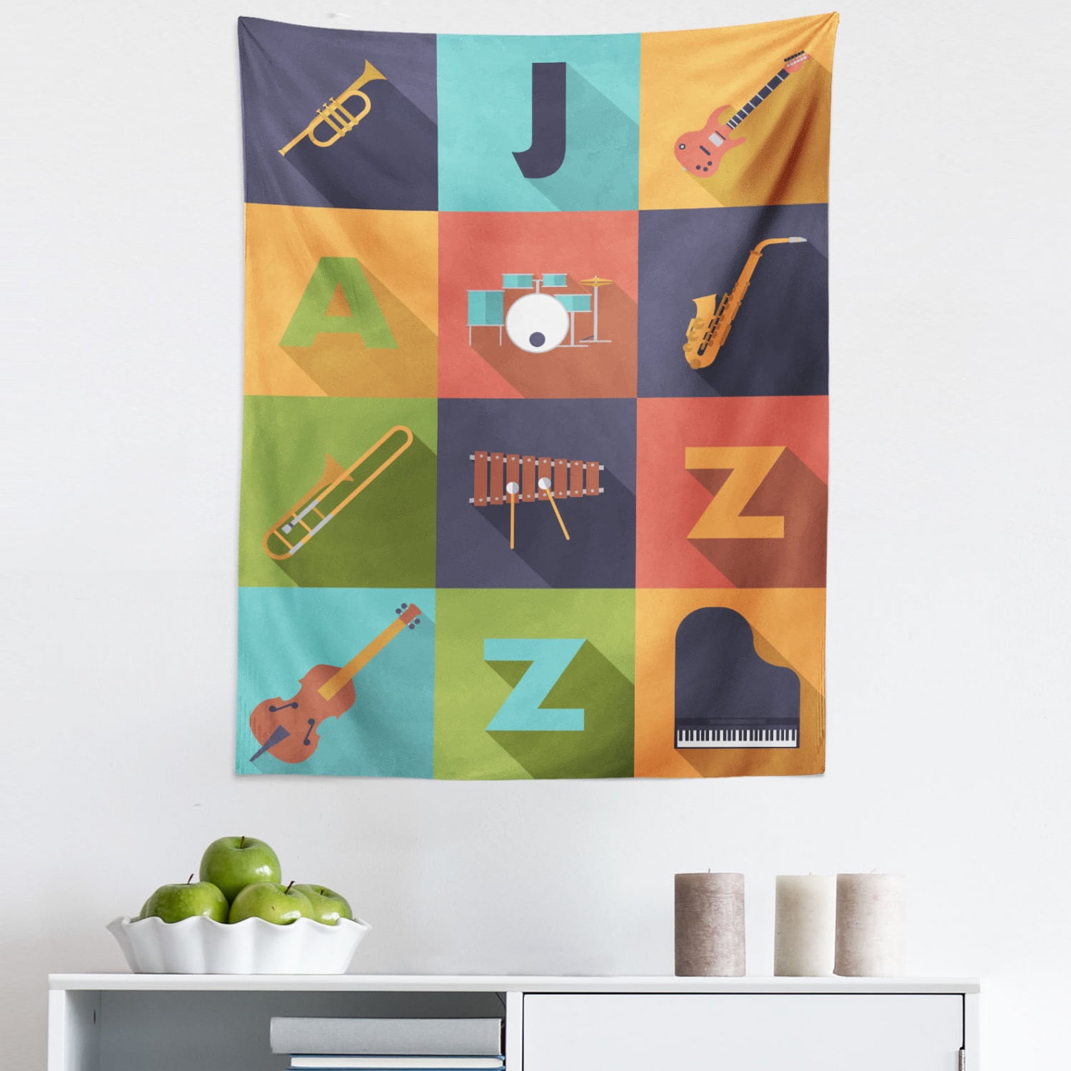 Colorful Tapestry, Colorful All Jazz Equipment Set on Flat Design Funky ...