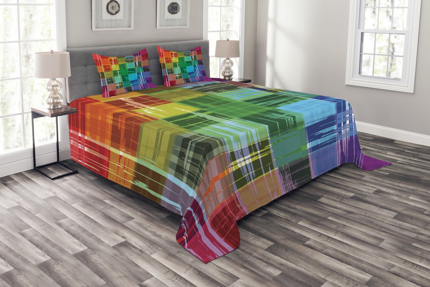 Vintage Rainbow Bedspread, Plaid Art Pattern with Abstract Colorful ...