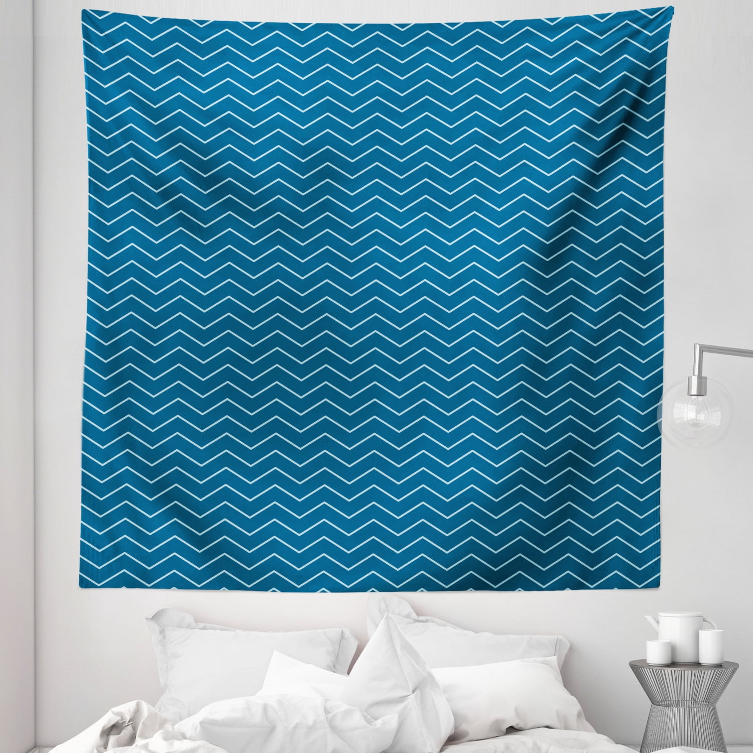 Navy Blue Tapestry, Horizontal Zigzags Chevron Pattern in Conrtasting ...