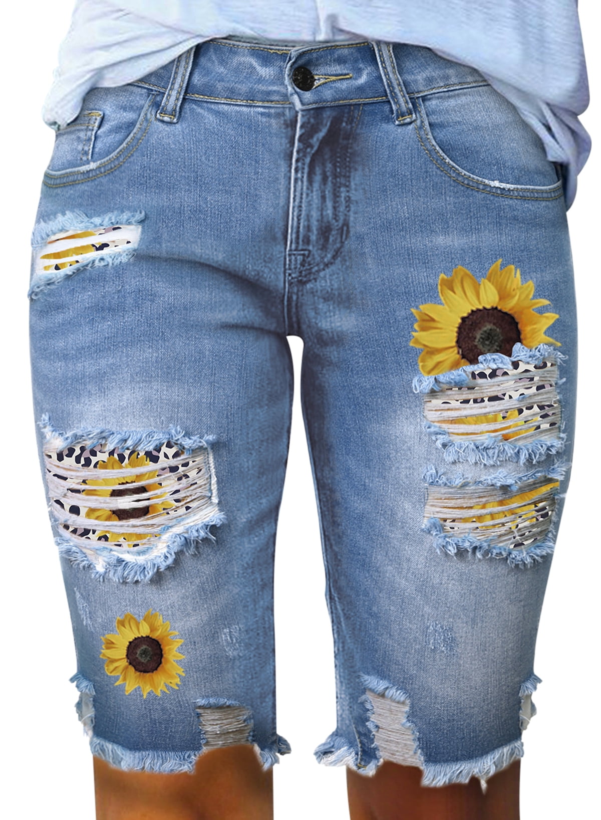 HOTAPEI Distressed Bermuda Shorts for Women Mid Rise Denim Shorts ...