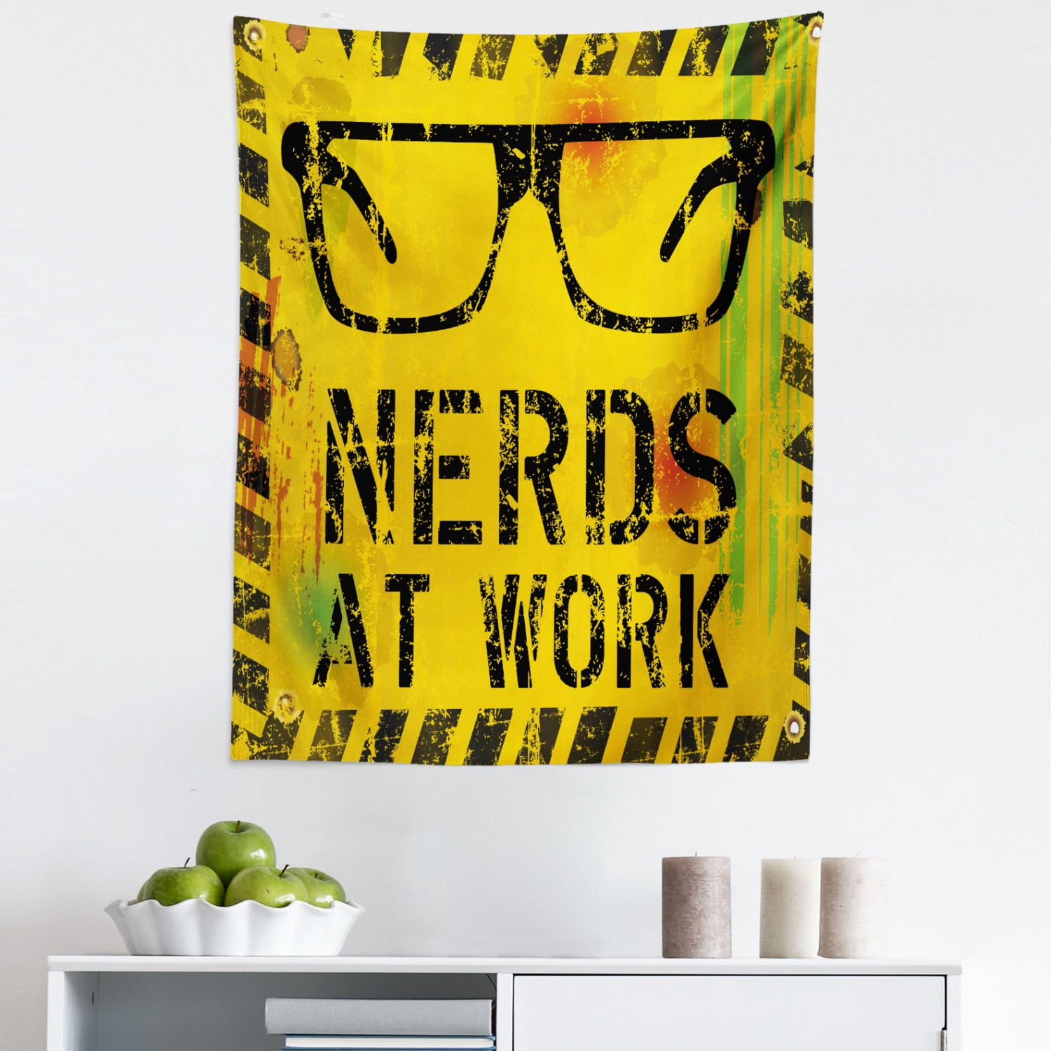 Retro Tapestry, Nerds at Work Grunge Fictional Sign Glasses Hazard ...