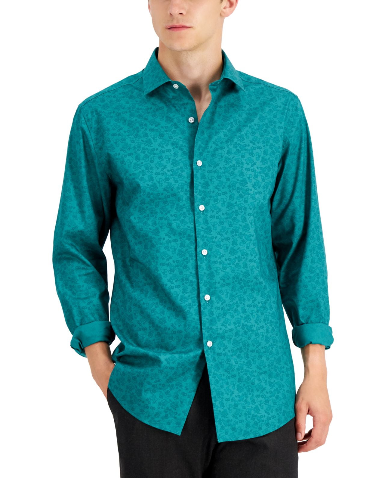 Bar III Men’s Slim Flit Floral Stretch Dress Shirt, Green, Small ...