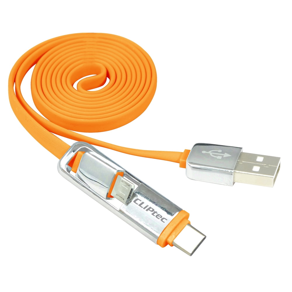 Cliptec 1m 3ft Orange Dual-Micro USB 2.0 Micro B + Type C Data Charging ...