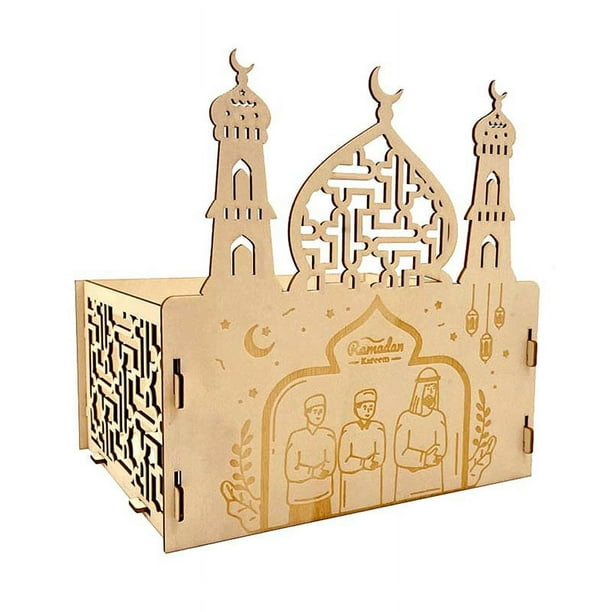 Eid Decoration Islamic Palace Shape Tray Moon Star Wooden Food Dessert ...