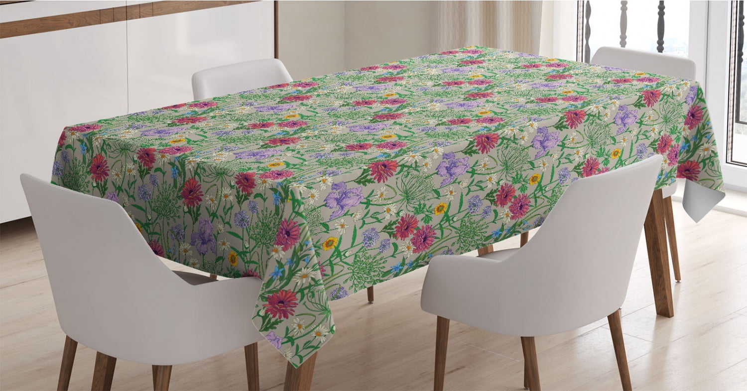 Gardening Tablecloth, Flowering Blooms Aster Chamomile Periwinkle ...