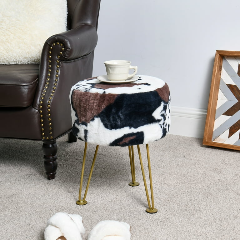 Home Soft Things Faux Fur Stool Ottoman Cows Flowers Gold Leg 13x13x17