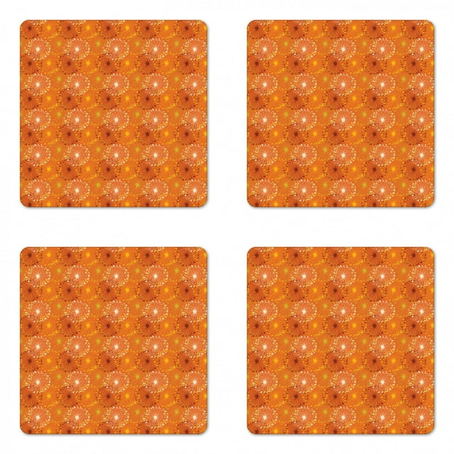 Orange Coaster Set of 4, Grunge Radial Pattern Abstract Floral Inspired ...