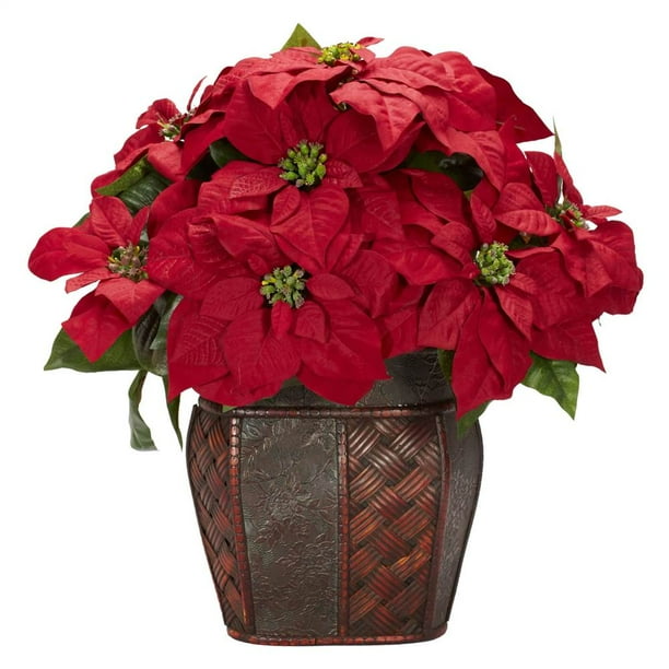 Nearly Natural Poinsettia With Decorative Vase Silk Arrangement Red