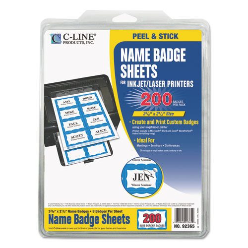 C-Line Laser Printer Name Badges, 3 3/8 x 2 1/3, White/Blue, 200/Box ...