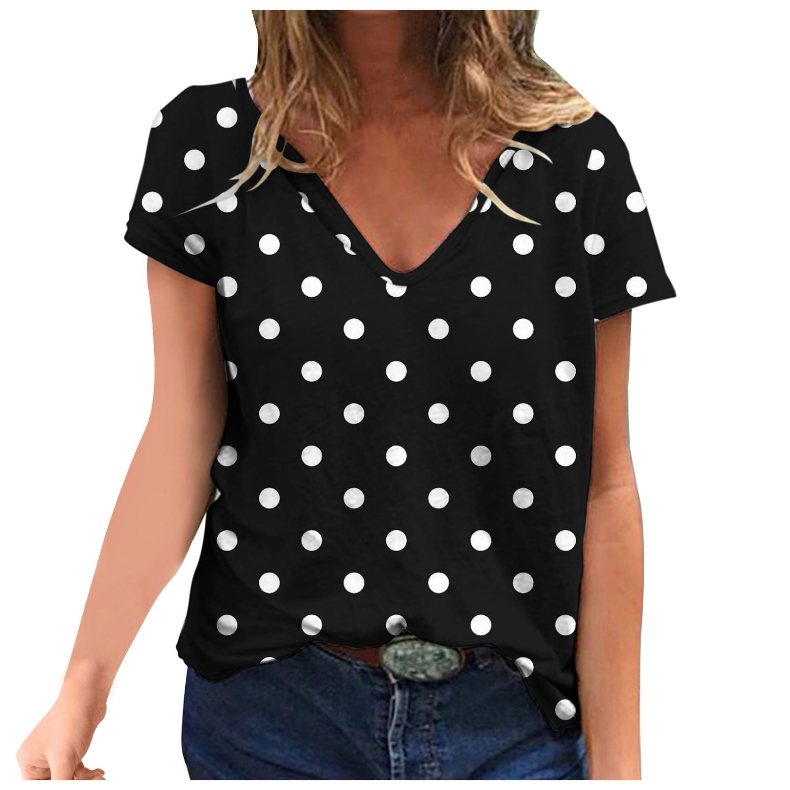 Click here for Staron Womens V-Neck Polka Dot Print T-Shirt Vinta... prices