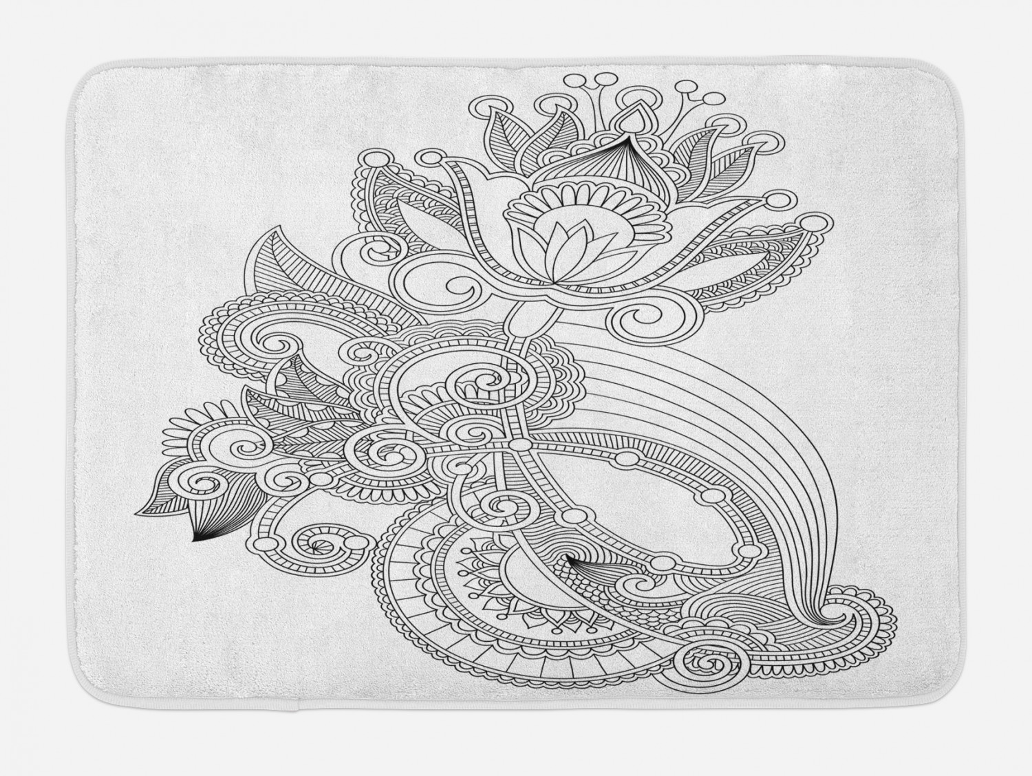 Henna Bath Mat, Hand Drawn Line Art Blossoming Organic Nature Flower ...