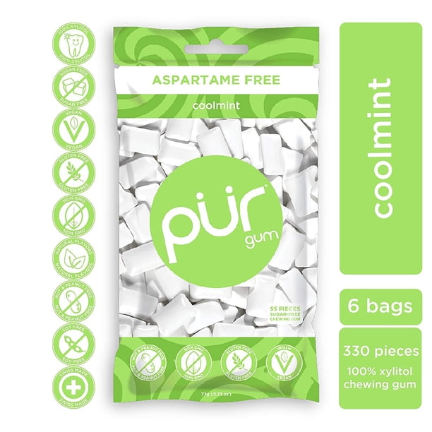PUR 100% Xylitol Chewing Gum, Coolmint, Sugar-Free + Aspartame Free ...