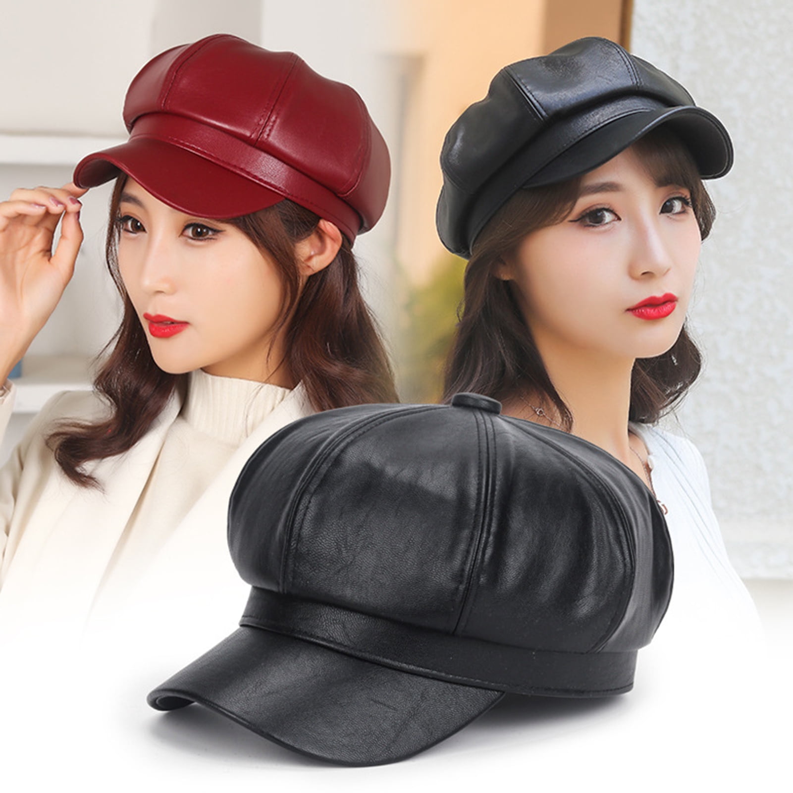 rygai Beret Cap Faux Leather Adjustable Octagon Faux Leather Hats for ...