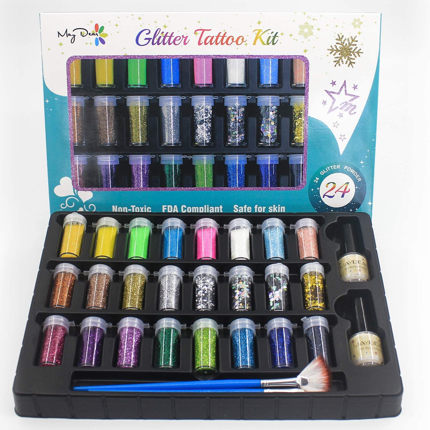Maydear Holographic Chunky Glitter Tattoo Kit With 24 Deluxe Glitter