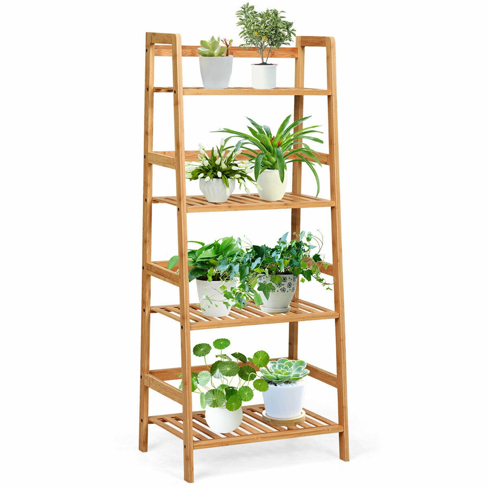 Click here for Gymax 4-Tier Bamboo Ladder Shelf Multipurpose Plan... prices