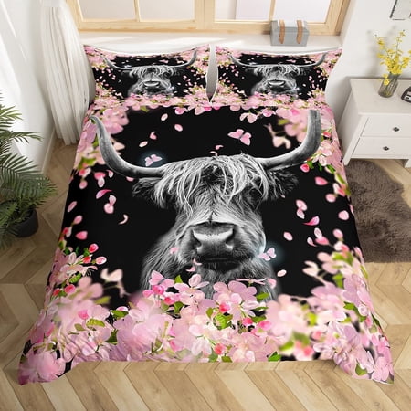 Cherry Blossom Bedding Set Highland Cow Duvet Cover Full,Kawaii Pastel ...