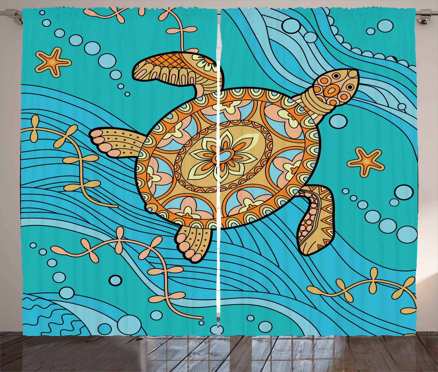 Turtle Curtains 2 Panels Set, Doodle of a Sea Turtle on Water Surface ...
