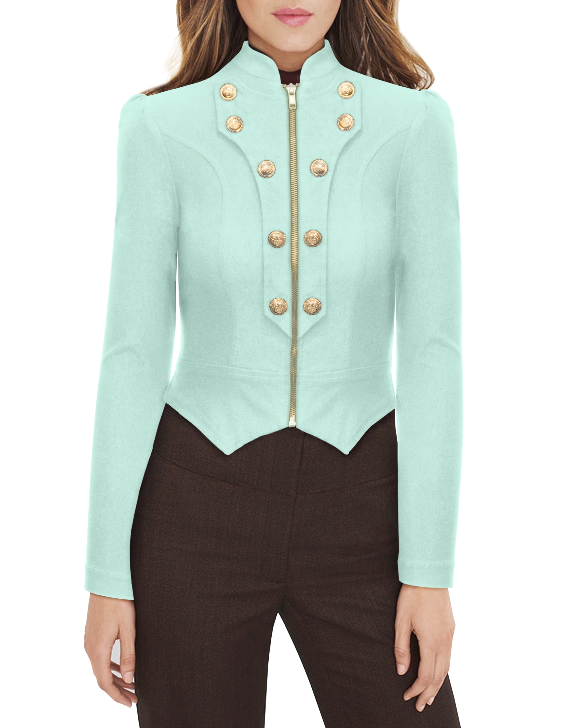 Women's Military Crop stretch Gold Zip up Blazer Jacket - Walmart.com