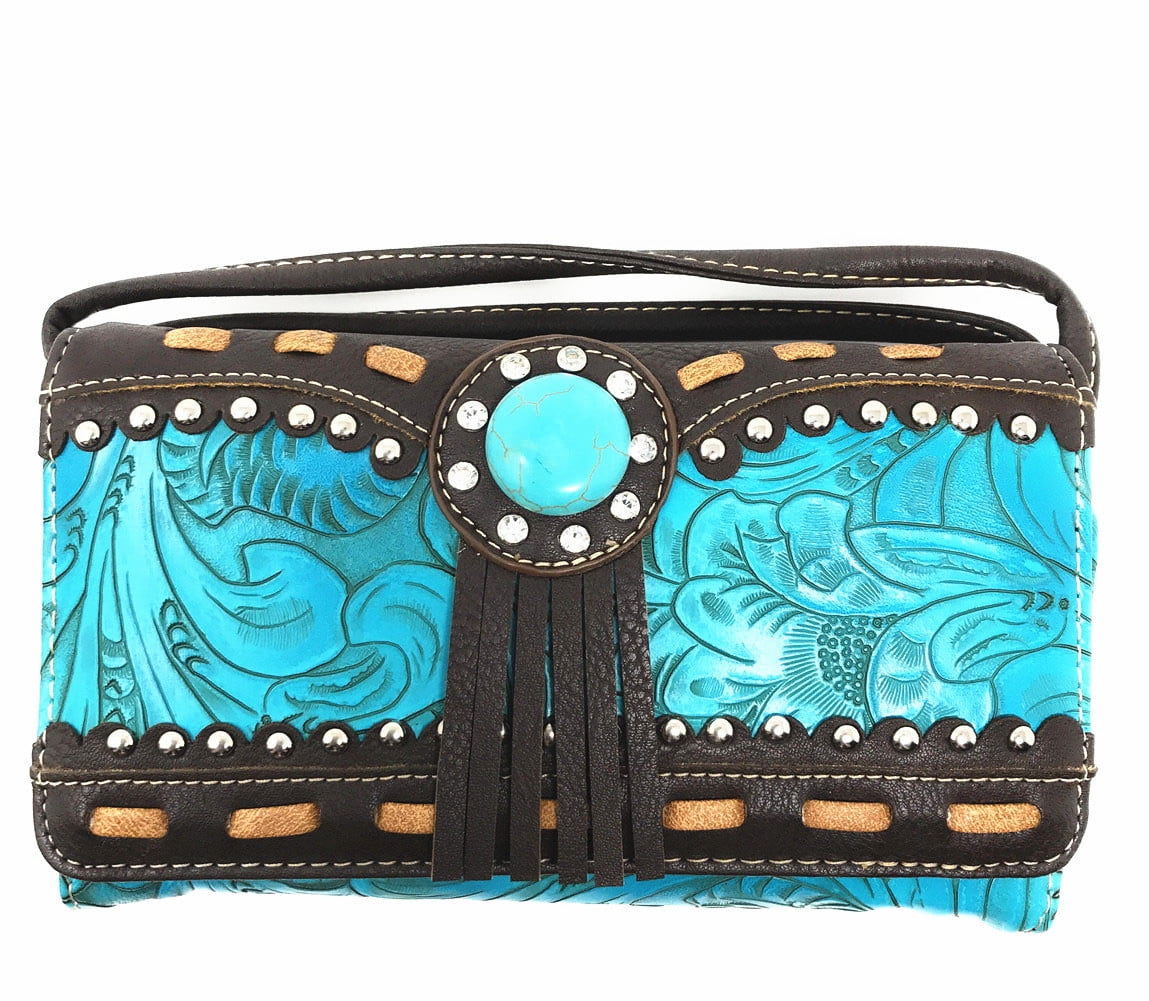 Texas West Rhinestone Concho Floral Embroidery Fringe Womens Wallet In ...