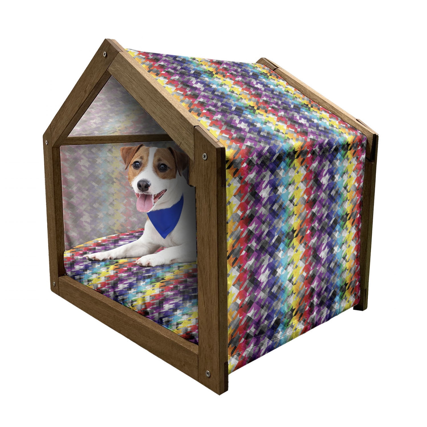 Colorful Pet House, Diagonal Geometrical Houndstooth Pattern in Rainbow ...