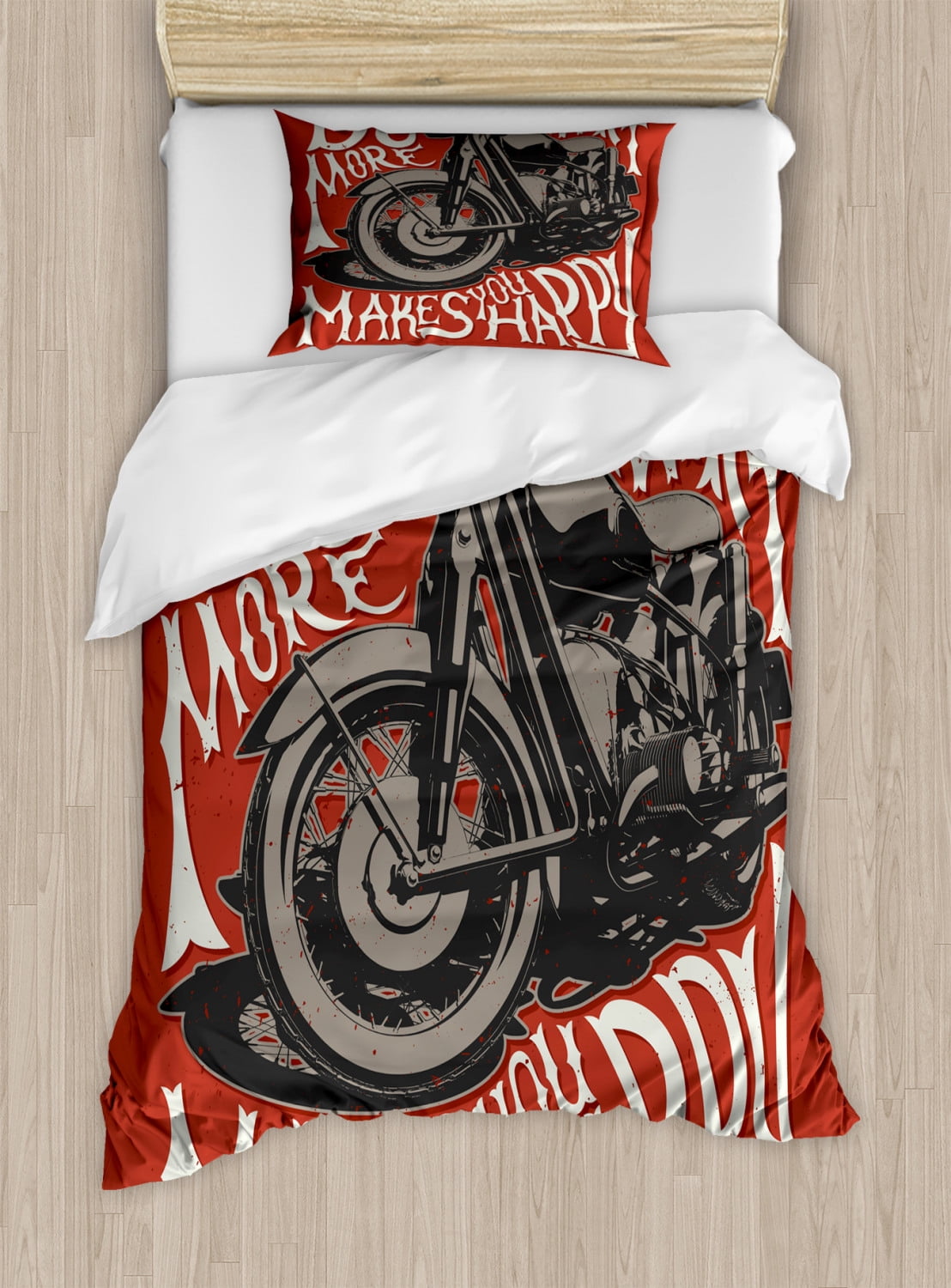 Motorcycle Duvet Cover Set Twin Size, Retro Bike with Uplifting ...