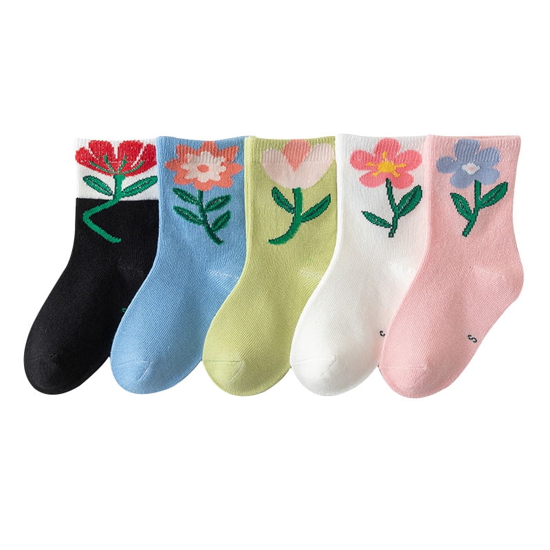 5 Pairs Girls Stacked Socks Soft And Snug Supple Floral Print Thigh ...