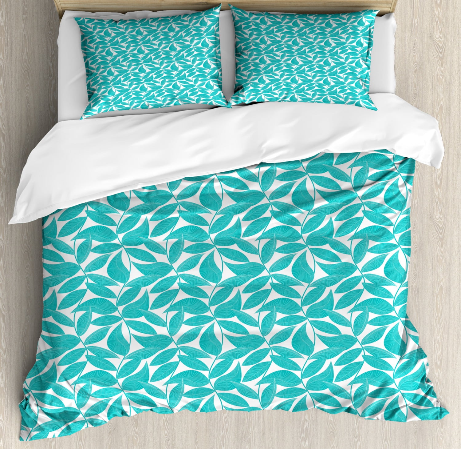 Turquoise and White King Size Duvet Cover Set, Modern Tropical Leaves ...