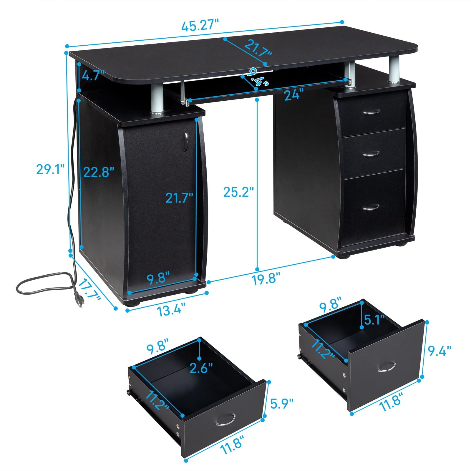 Free Shipping Ktaxon Black 3 Drawers Computer Desk Black Study Workstation Office Furniture Walmart