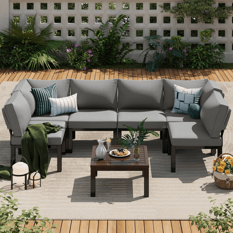 YODOLLA 7 piece Outdoor Patio furniture Set Clearance Metal Patio Sectional Sofa Set on sale with Grey Cushions