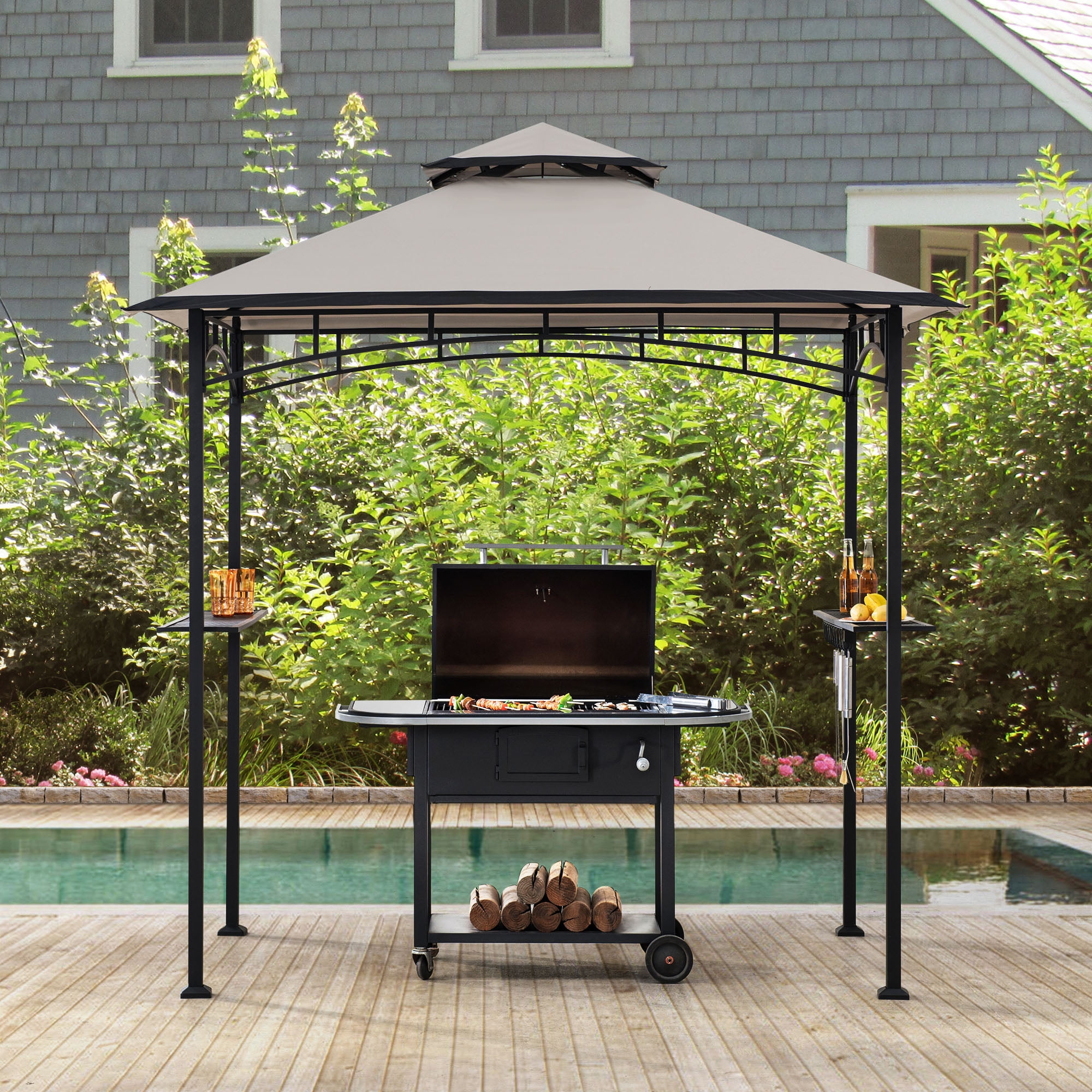 Sunjoy 5 x 8 ft Black Steel Frame Double Tiered Canopy Grill Gazebo for ...