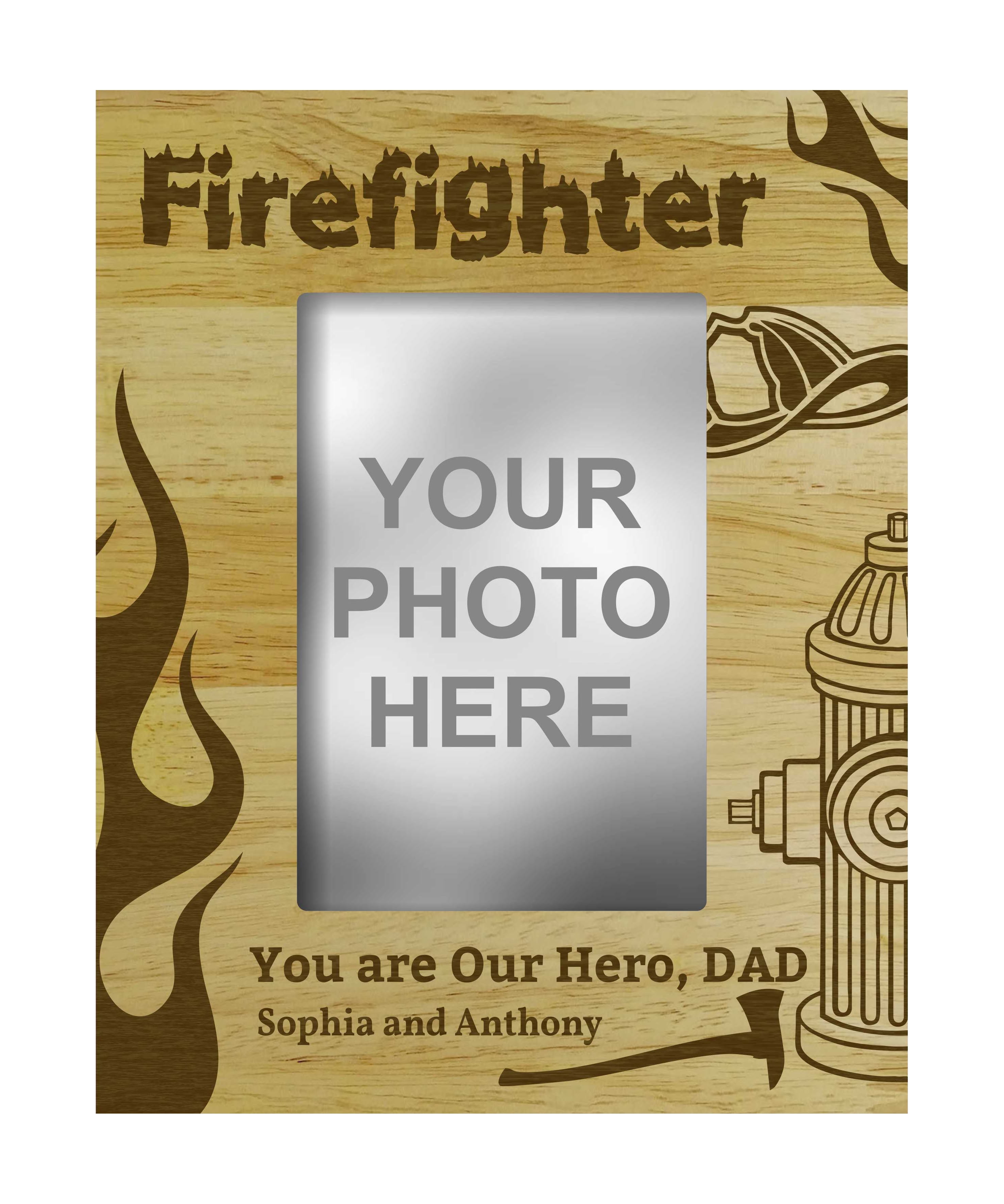 Personalized Wood Engraved Firefighter Dad Picture Frame With Kids Name ...