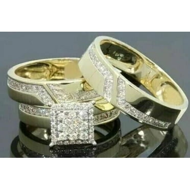 14k Yellow Gold Plated Simulated Diamond Wedding His & Her Trio Set ...