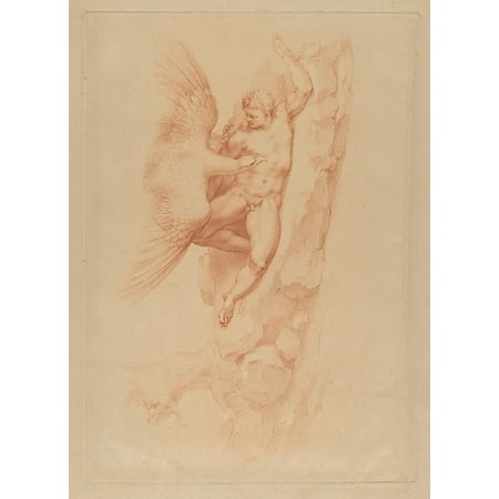 Prometheus, naked, chained to a rock, looking up at an eagle standing ...