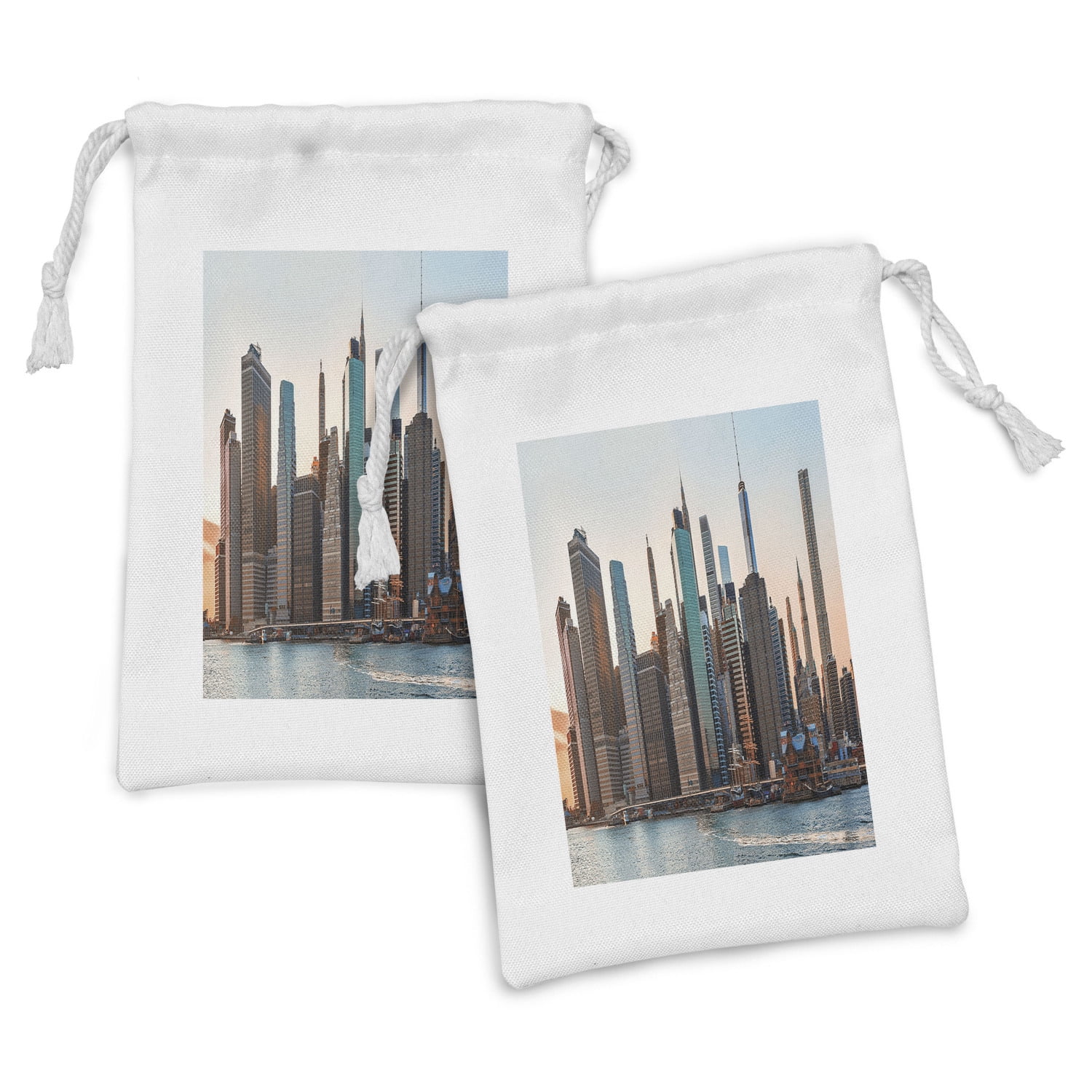 NYC Fabric Pouch Set of 2, Manhattan New York City Skyline and Shore ...