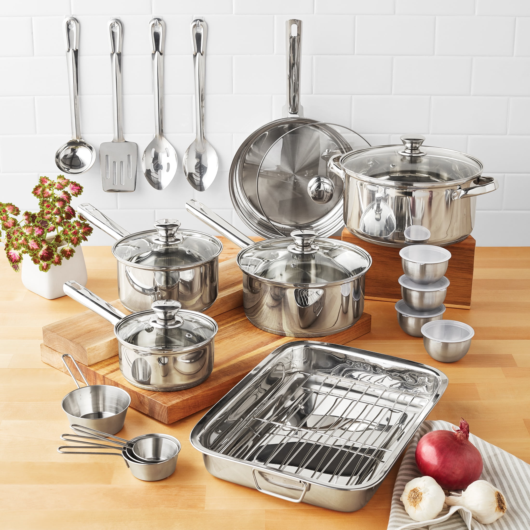 Mainstays Stainless Steel Cookware Set, 24-piece, Stainless Steel ...