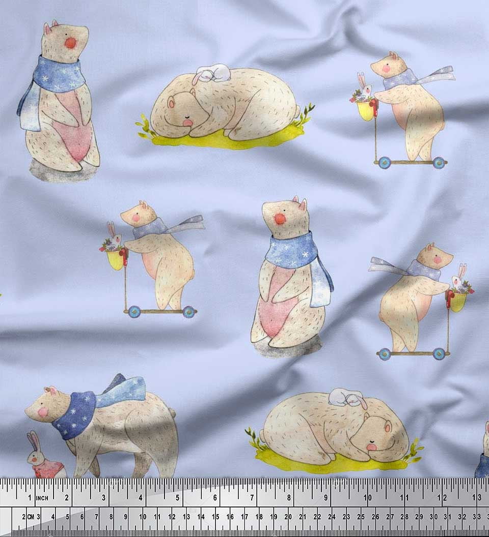 Soimoi polyester Crepe Fabric Cycle,Rabbit & Bear Kids Print Fabric by ...