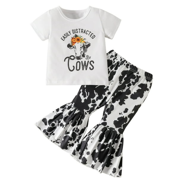 Lamuusaa Kids Girls Summer Outfits Cow Head Print Short Sleeve T-shirt and Cow Pattern Flare ...
