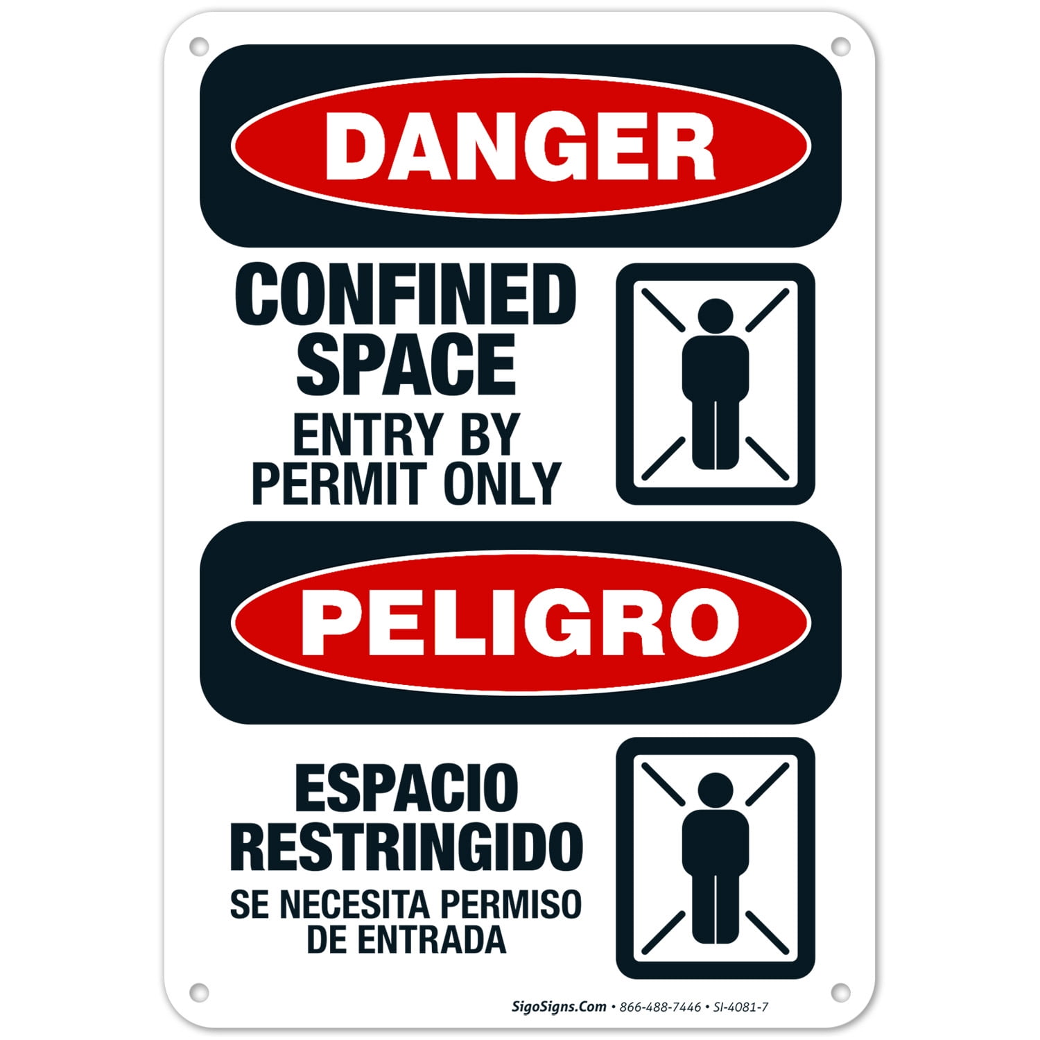 Confined Space Entry By Permit Only Bilingual Sign, OSHA Danger Sign ...